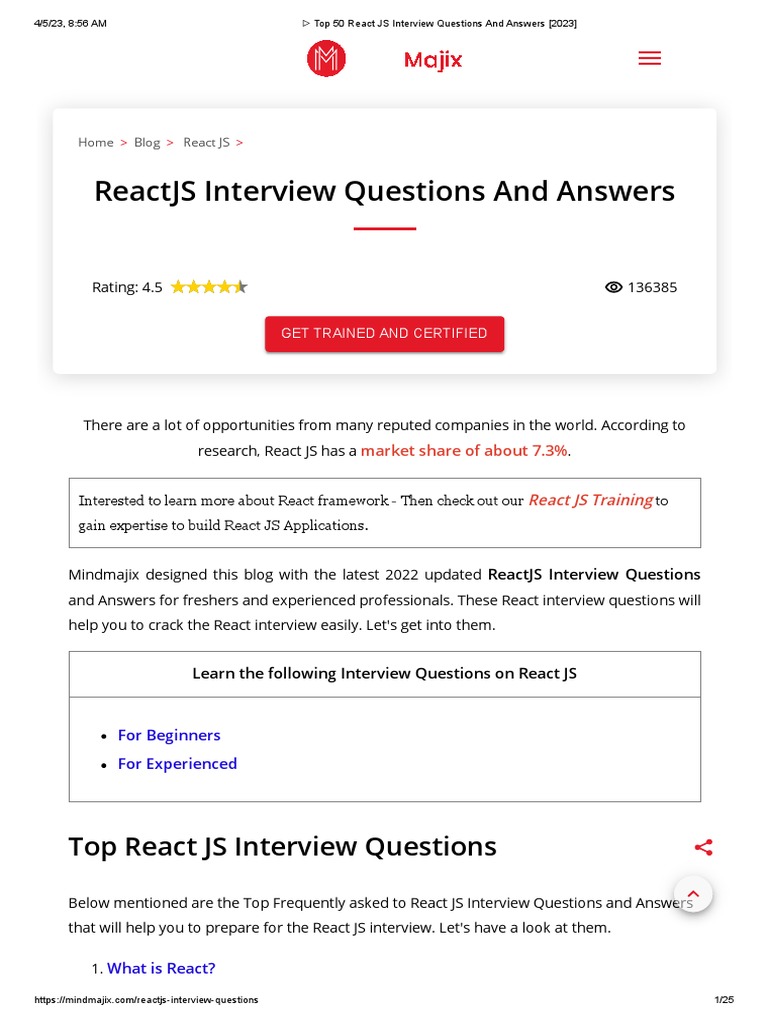 Top 50 React JS Interview Questions and Answers (2023) | PDF | Angular Js | Computing