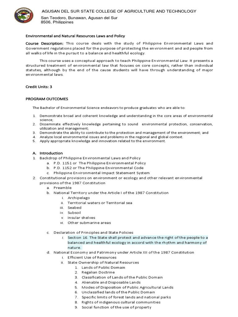 Environmental and Natural Resources Laws and Policy Syllabus | PDF ...
