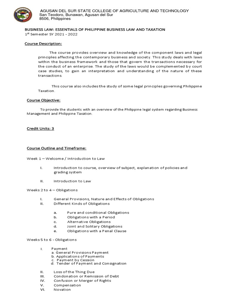 Business Law Syllabus (BLT) | PDF | Corporations | Taxes