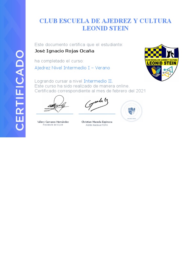 Club Escuela de Ajedrez Y Cultura Leonid Stein: Este Documento Certifica Que El Estudiante | PDF