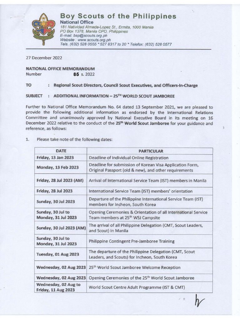 BSP NO Memorandum No.85, S. 2022 - Additional Information - 25th World Scout Jamboree | PDF