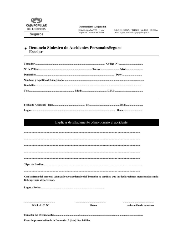 Formulario Denuncia Siniestro Escolar | PDF
