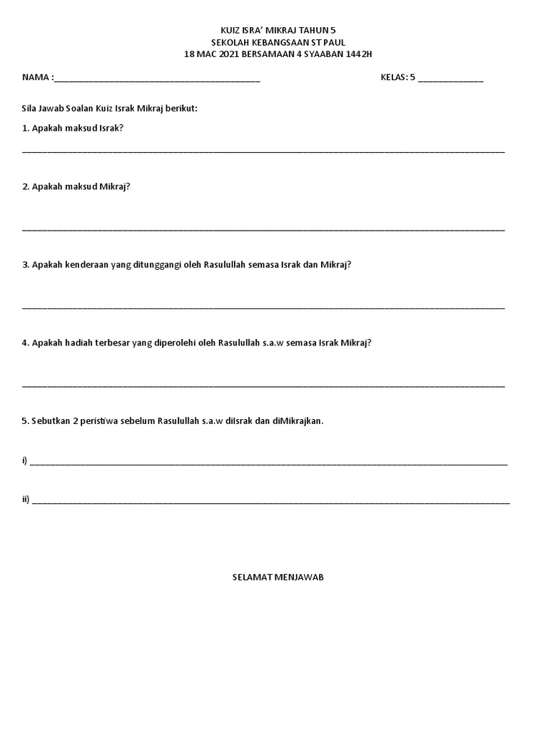 Soalan Kuiz Israk Mikraj 2021 TAHUN 4 5 | PDF