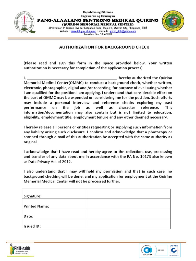Authorization For Background Check: Pang-Alaalang Sentrong Medikal ...