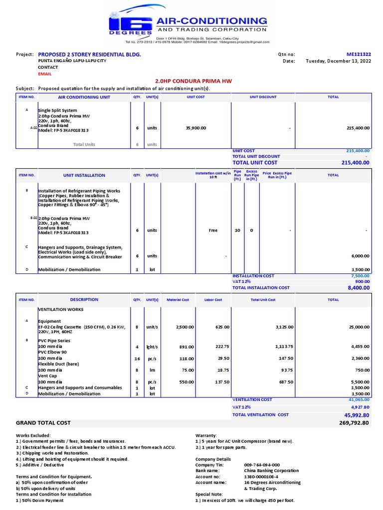 Quotation for Air Conditioning Installation | PDF | Ceiling | Air ...