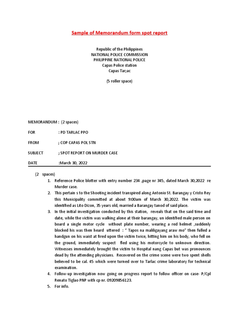 Sample of Memorandum Form of Spot Report | PDF | Law Enforcement ...