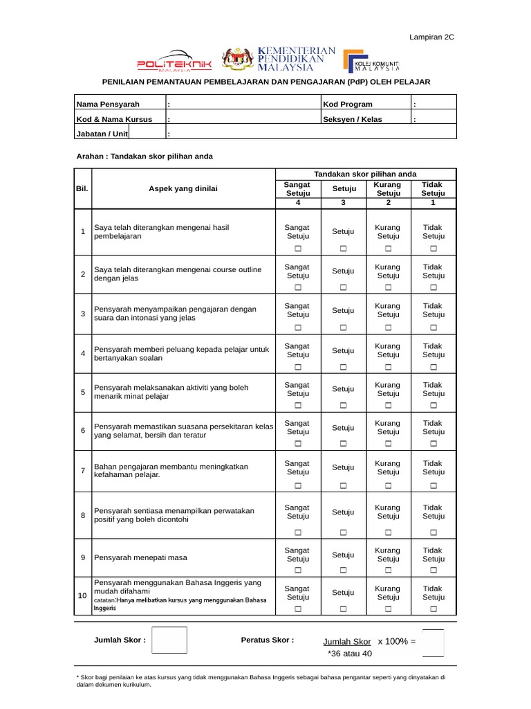 Lampiran 2C Borang Penilaian Pemantauan PDP Pelajar | PDF