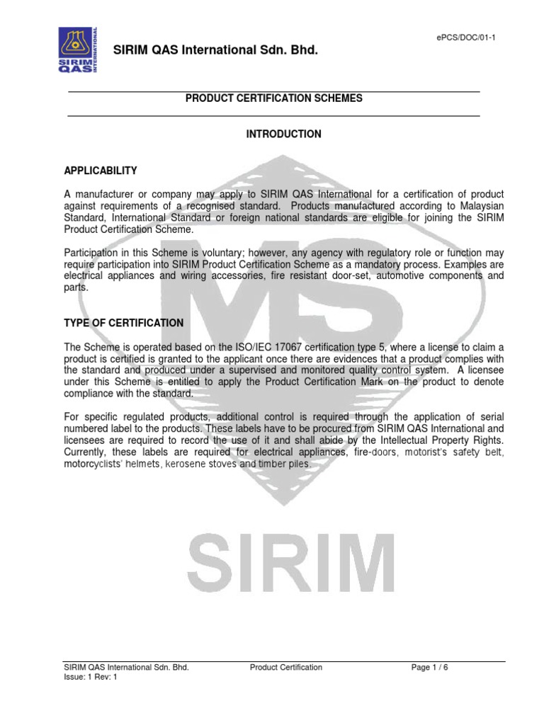 SIRIM QAS International Sdn. BHD.: Product Certification Schemes | PDF | Quality Assurance | License