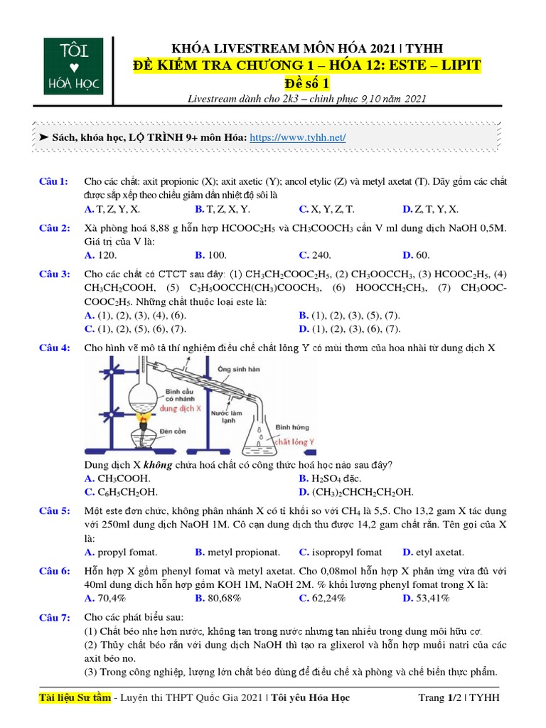 ĐỀ KIỂM TRA CHƯƠNG 1 - ESTE - LIPIT (đề số 1) | PDF