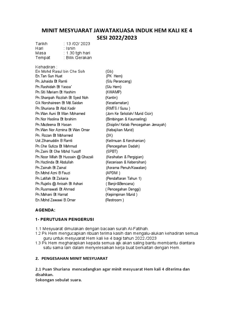 Minit Mesyuarat 4 Hem SKPPG | PDF