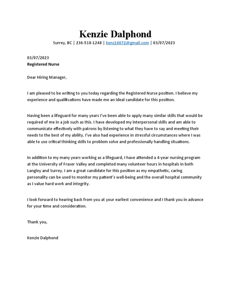 Registered Nurse Application by Kenzie Dalphond | PDF