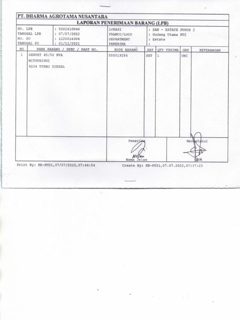 LPB Genset PO 1220016304 | PDF