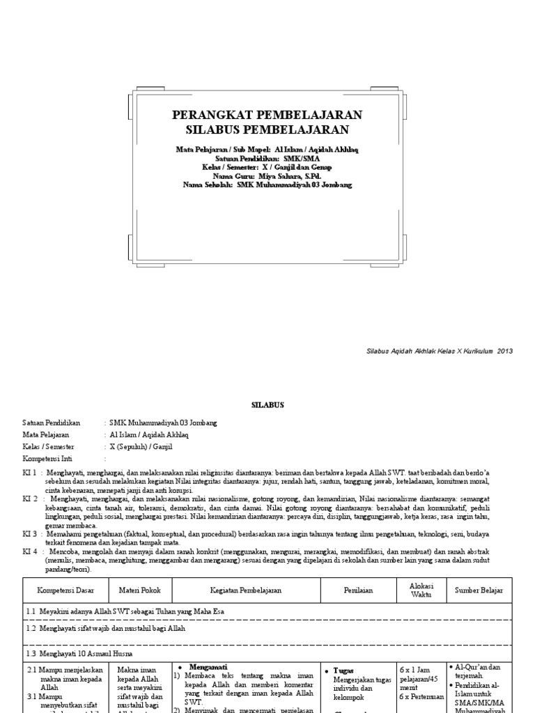 Silabus Aqidah Akhlak Kelas X | PDF