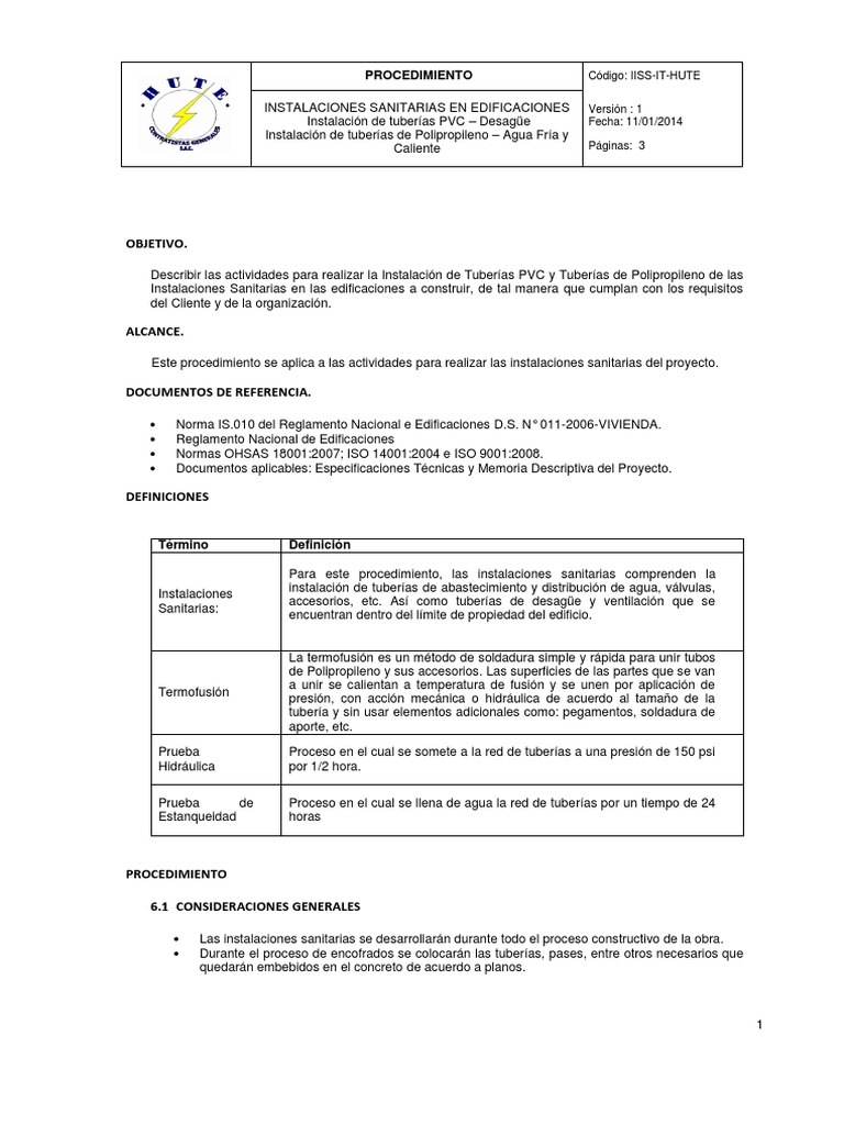 Procedimiento - Instalacion de Tuberias - IISS-IT | PDF | Tubería (transporte de fluidos) | Agua