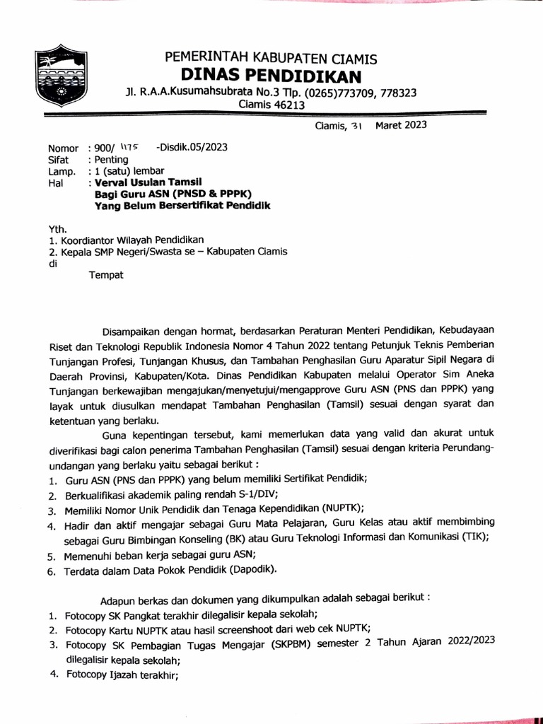 Surat Usulan Tamsil 2023 | PDF