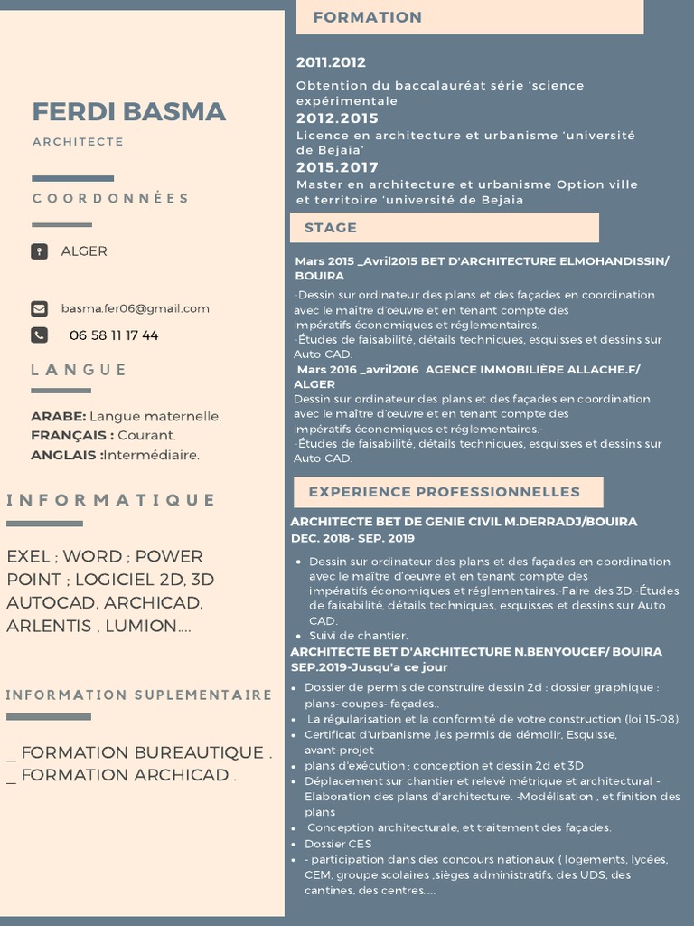 CV d'Architecte : Formation et Expérience | PDF | Architecte