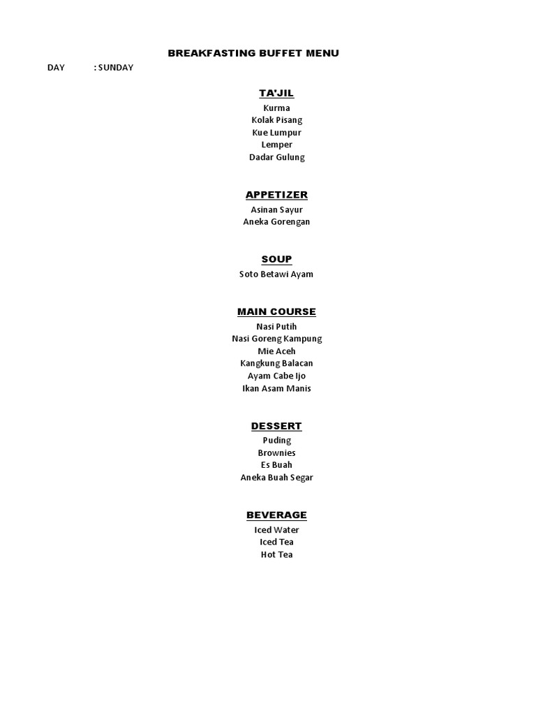 Weekly Breakfasting Buffet Menu | PDF | Convenience Food | Cuisine