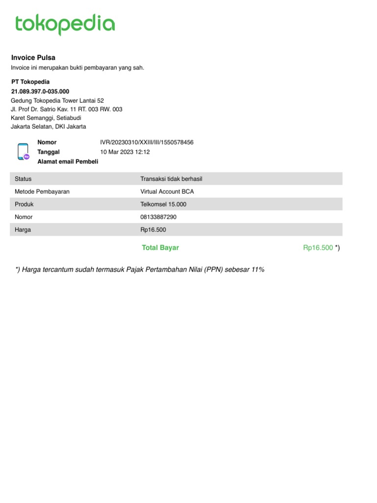 Invoice Pulsa: PT Tokopedia 21.089.397.0-035.000 | PDF