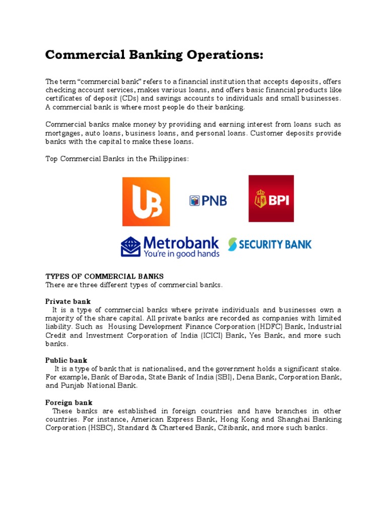 Commercial Banking Operations:: Types of Commercial Banks | PDF | Banks ...