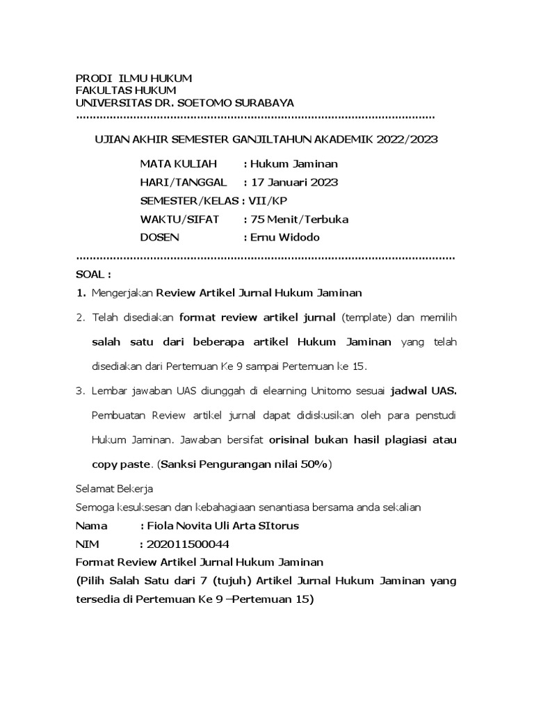 UAS Hukum Jaminan - Fiola Novita - 202011500044 | PDF