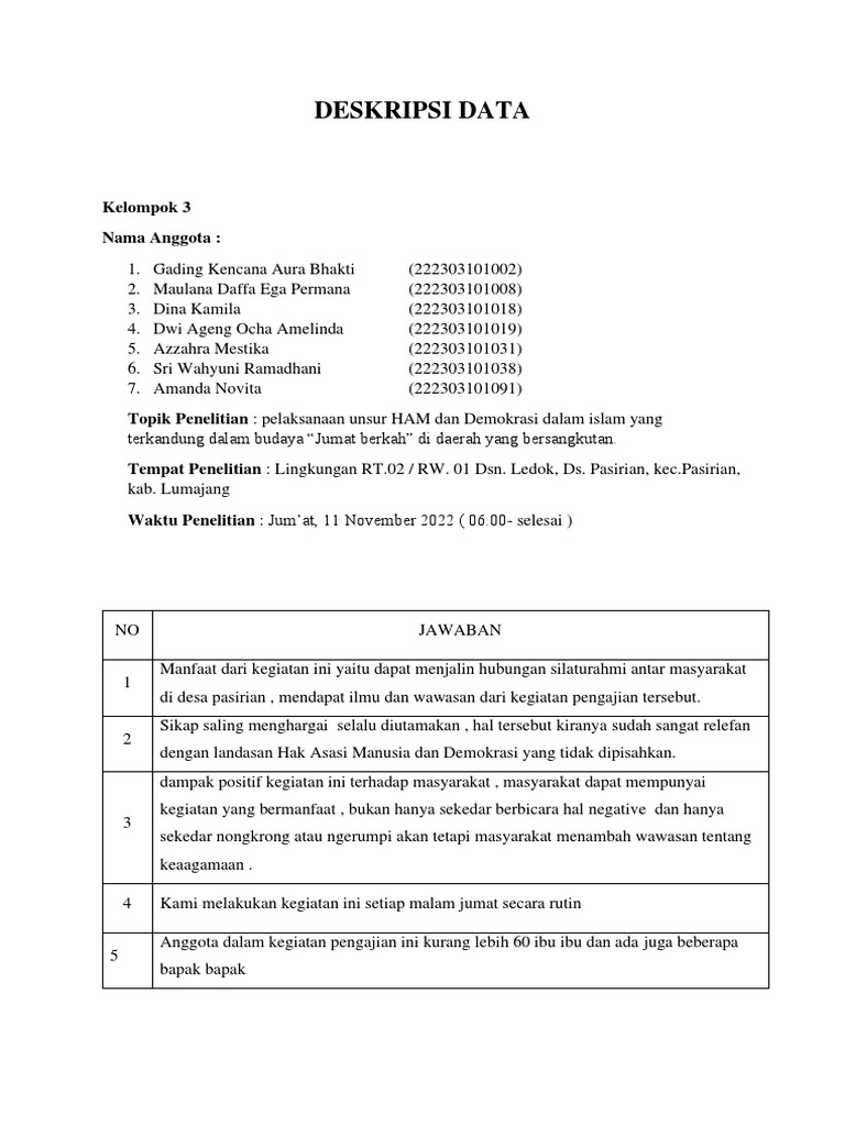 Deskripsi Data: Kelompok 3 Nama Anggota | PDF