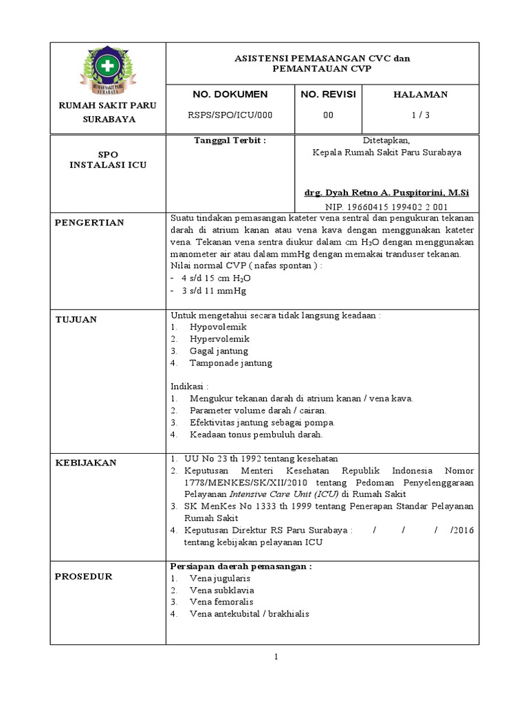 SPO ASISTENSI PEMASANGAN CVC Dan PEMANTAUAN CVP | PDF