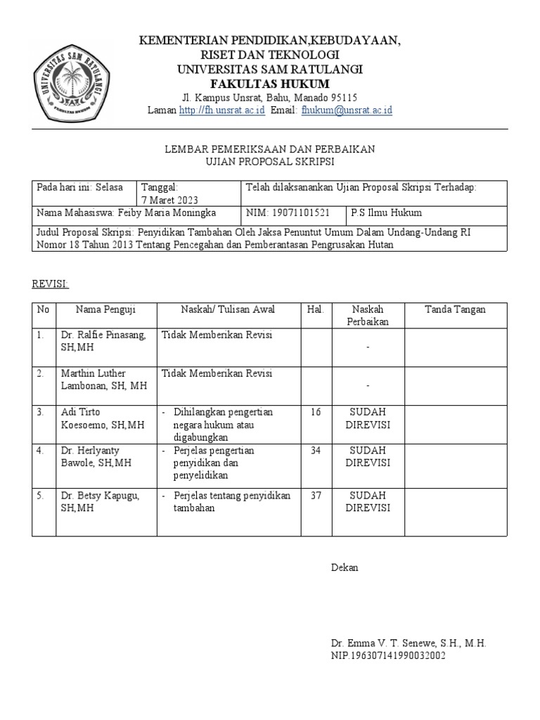 Lembar Pemeriksaan Dan Perbaikan Proposal Skripsi | PDF