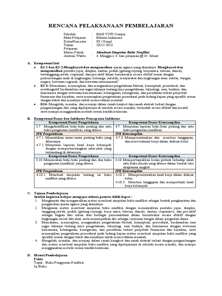 RPP 4 Buku Nonfiksi Kls Xi SMT 1 | PDF