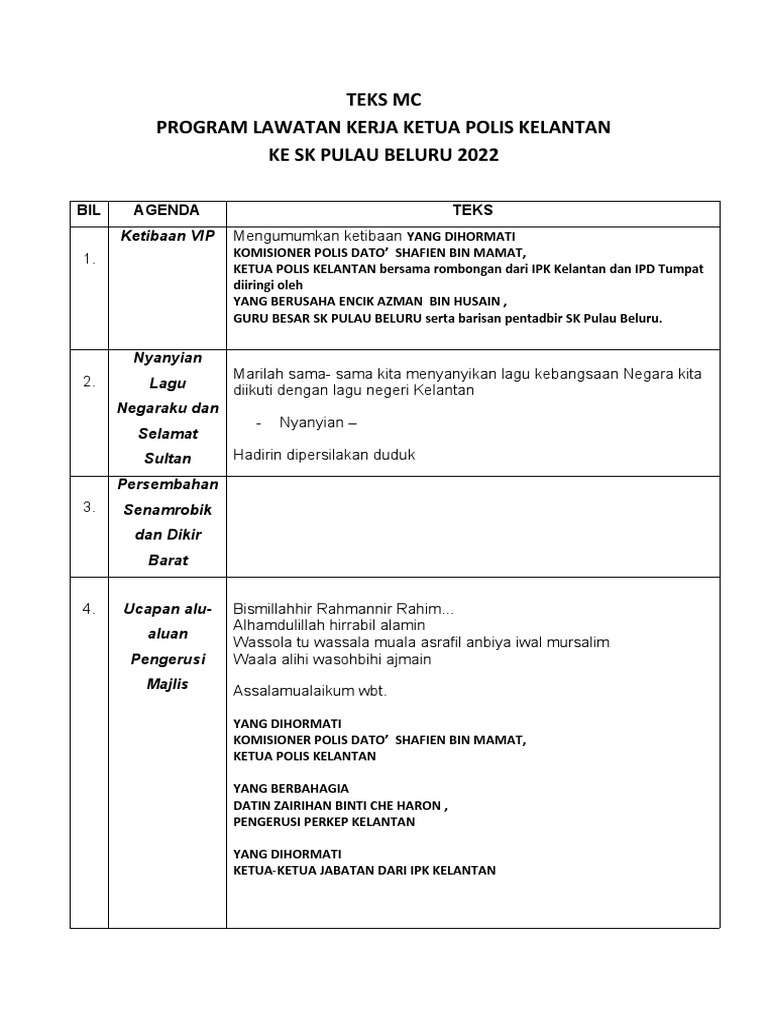 Teks MC Lawatan Kerja Ketua Polis Kelantan | PDF