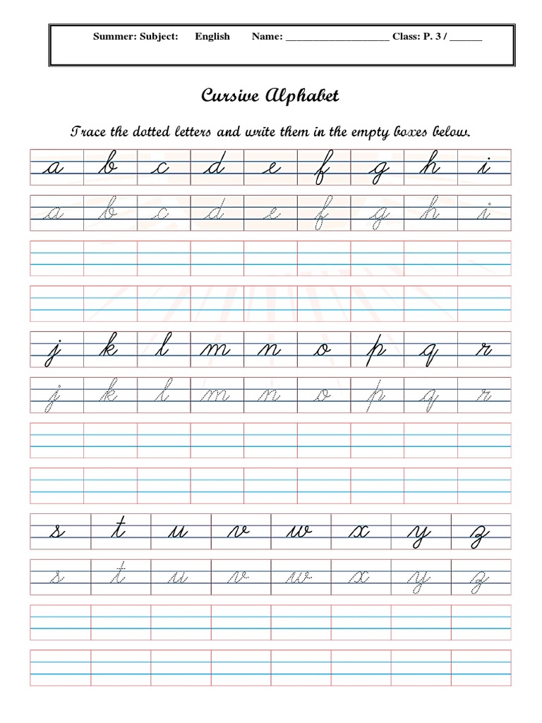 Cursive Alphabet: Trace The Dotted Letters and Write Them in The Empty ...