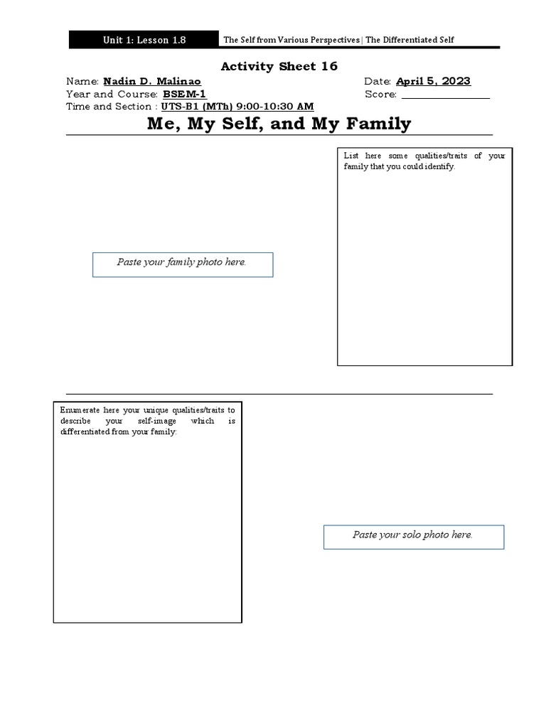 Me, My Self, and My Family: Activity Sheet 16 | PDF