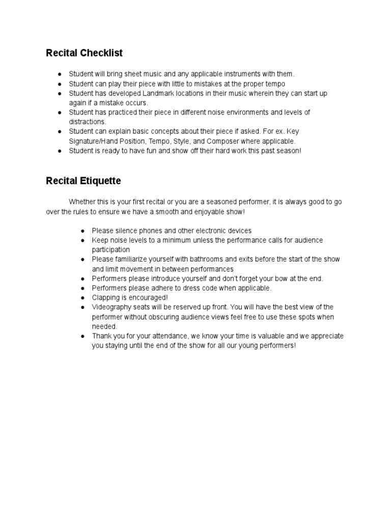 Recital Checklist & Etiquette | PDF
