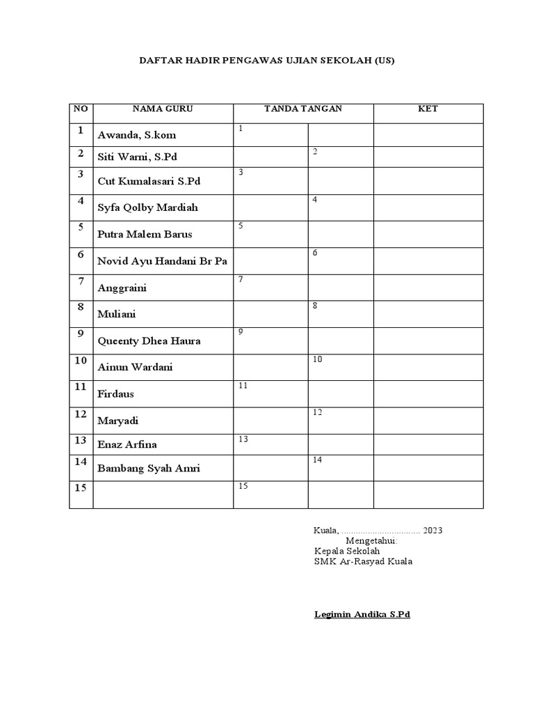 Daftar Hadir Pengawas Ujian Sekolah | PDF