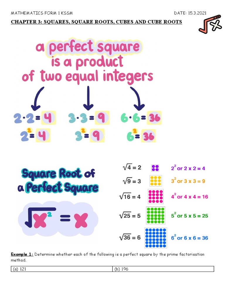 Mathematics Form 1 KSSM: Working with Squares, Square Roots, Cubes and ...
