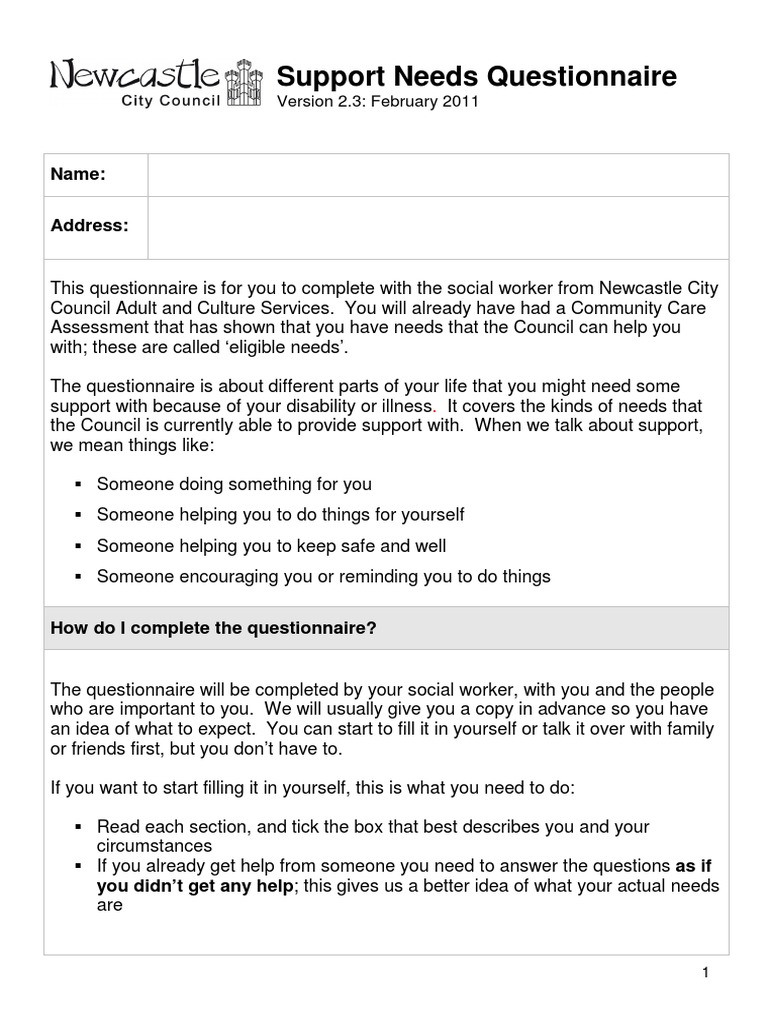 Support Needs Questionnaire | PDF | Caregiver | Social Work