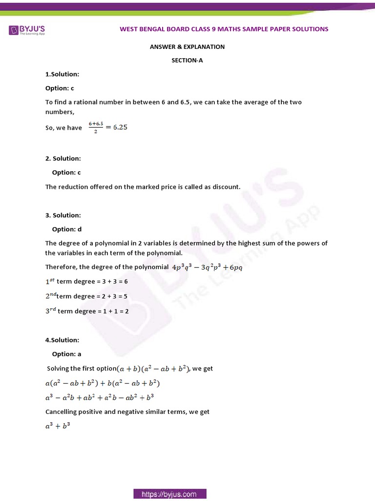 1.solution: Option: C: West Bengal Board Class 9 Maths Sample Paper ...