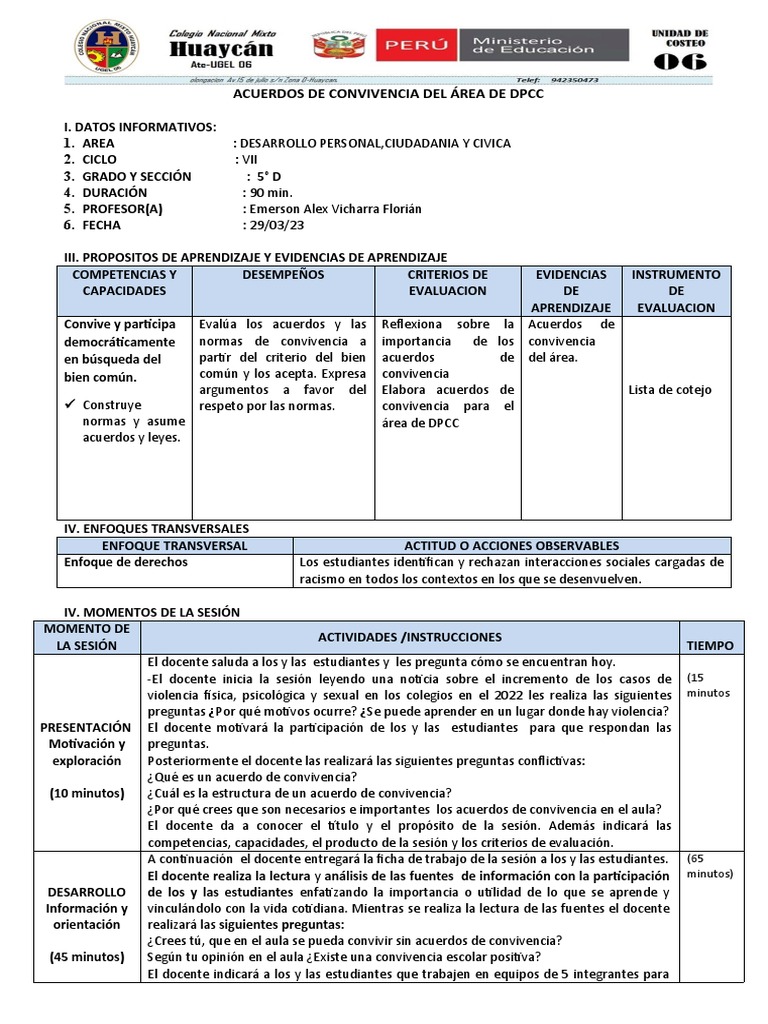 Sesion de Aprendizaje 01-5TO - DPCC - Acuerdos de Convivencia - 29-03-2023 | PDF | Evaluación ...