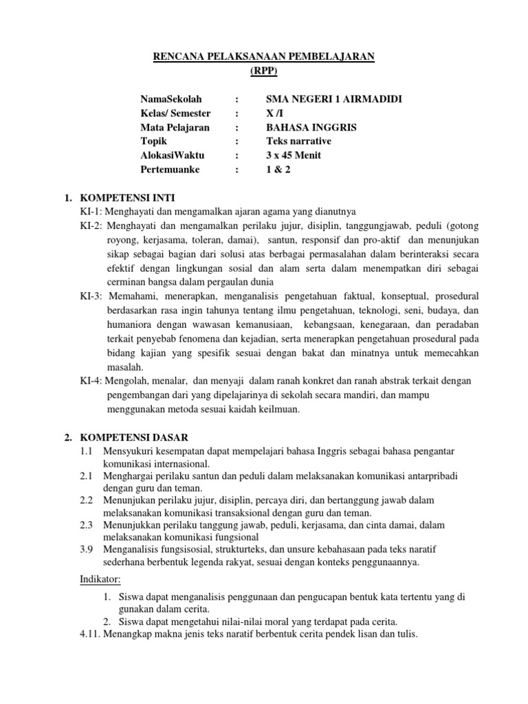 Lesson Plan BAHASA INGGRIS NARRATIVE TEX | PDF