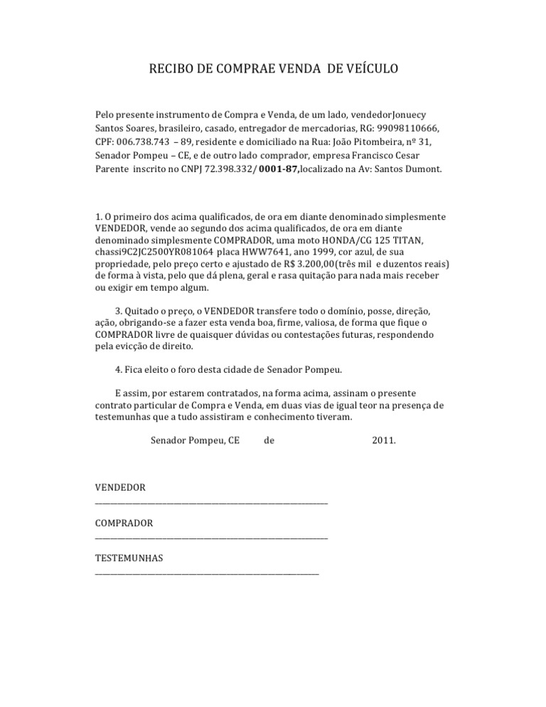 Recibo de Compra e Venda de Veículo | PDF