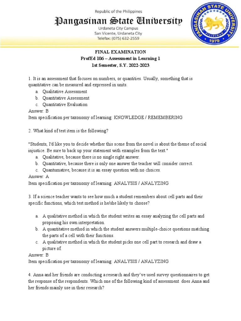 Final Examination Profed 106 - Assessment in Learning 1 1St Semester, S.Y. 2022-2023 | PDF ...