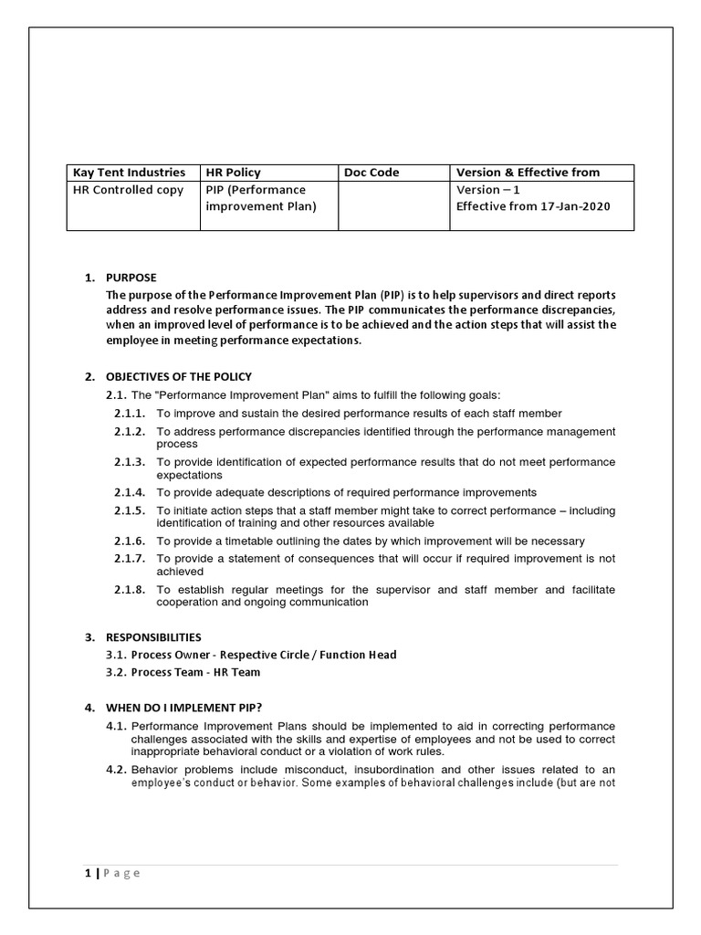 PIP Policy & Process - Template | PDF | Employment | Supervisor