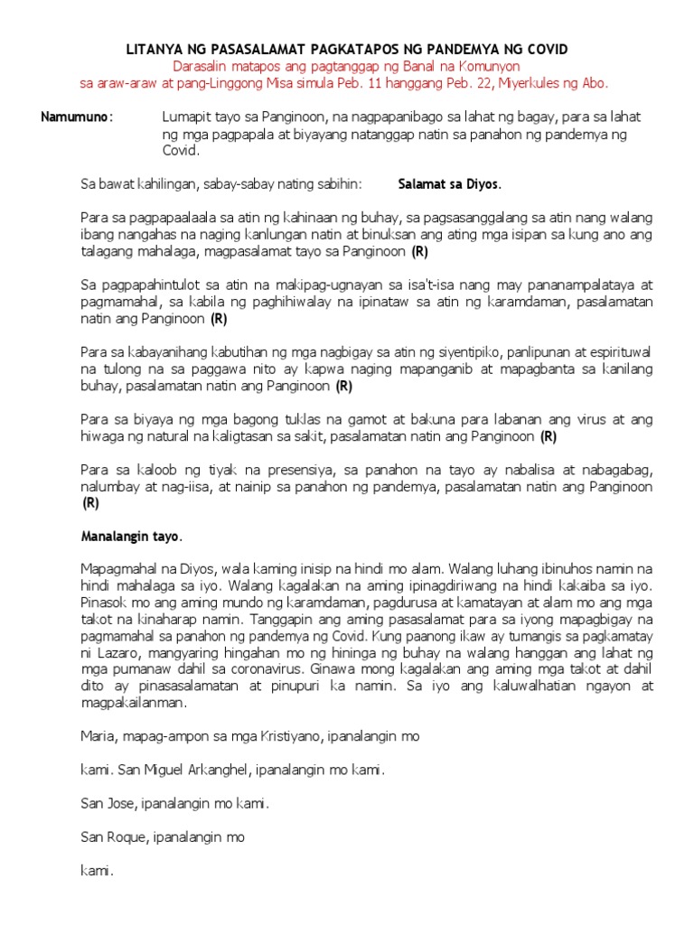 Litanya NG Pasasalamat Pagkatapos NG Pandemya NG Covid | PDF