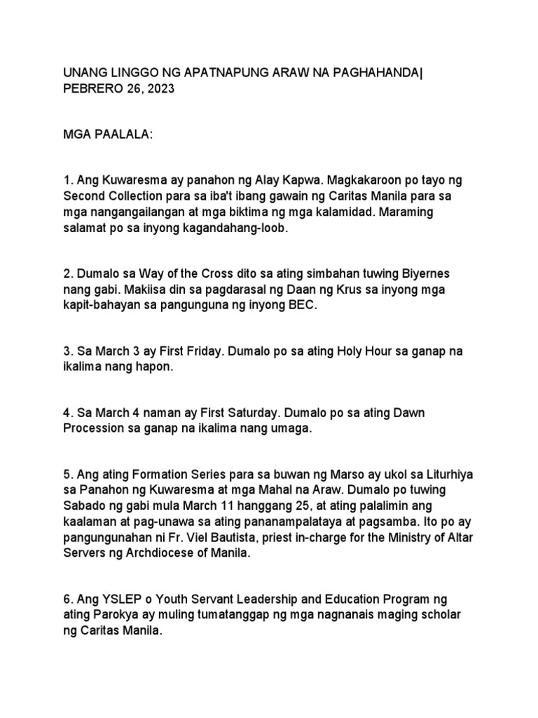 1ST Sun Lent Announcements | PDF