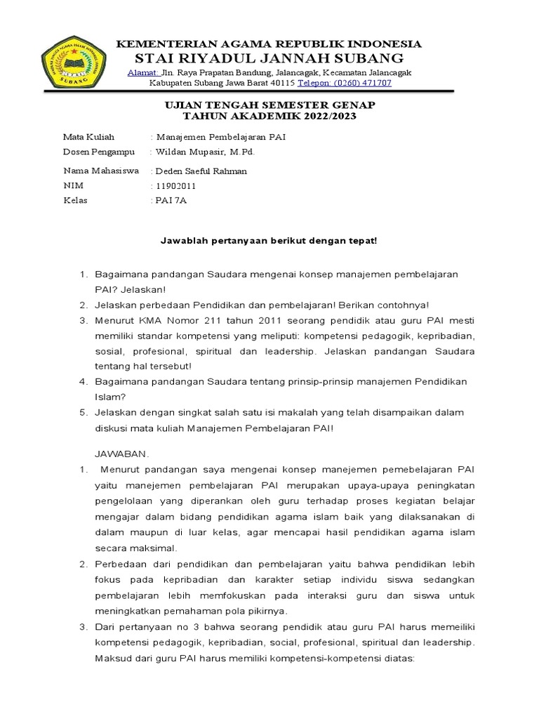 Uts Mpi Pai Semester Genap 20222023 | PDF