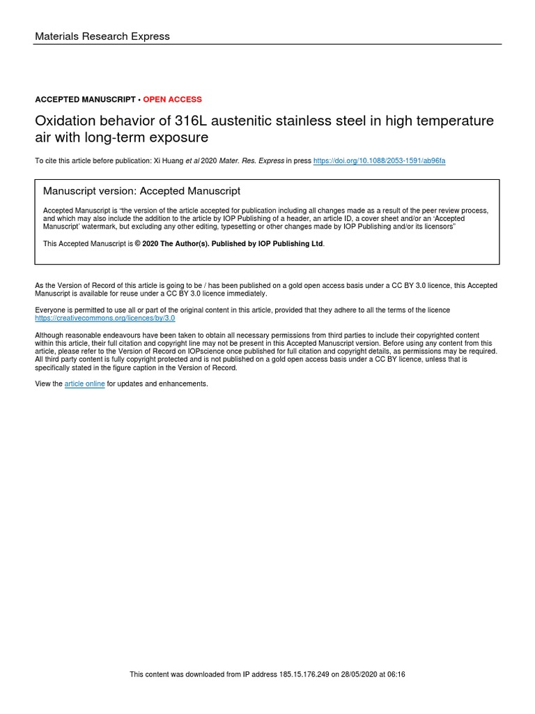 Oxidation Behavior of 316L Austenitic Stainless Steel in High ...