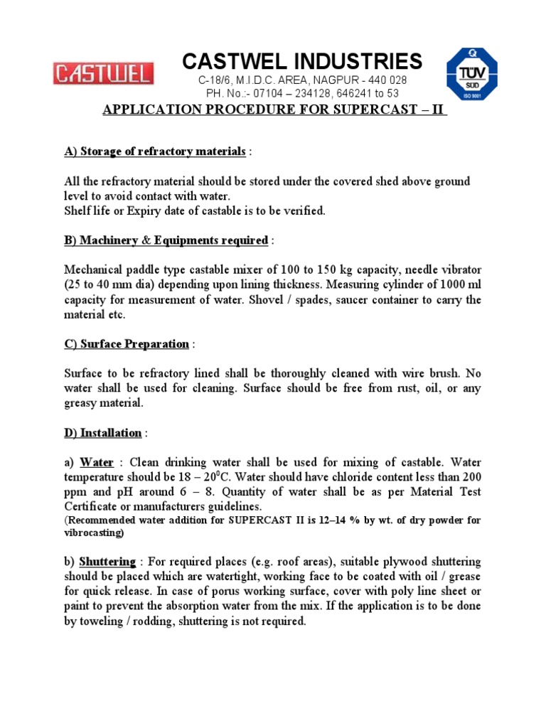 Application Procedure - Supercast II | PDF | Refractory | Water