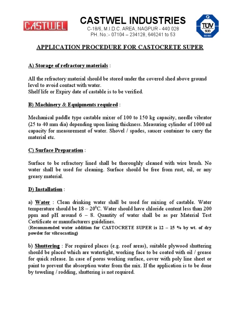 Application Procedure - Castocrete Super | PDF | Refractory | Water