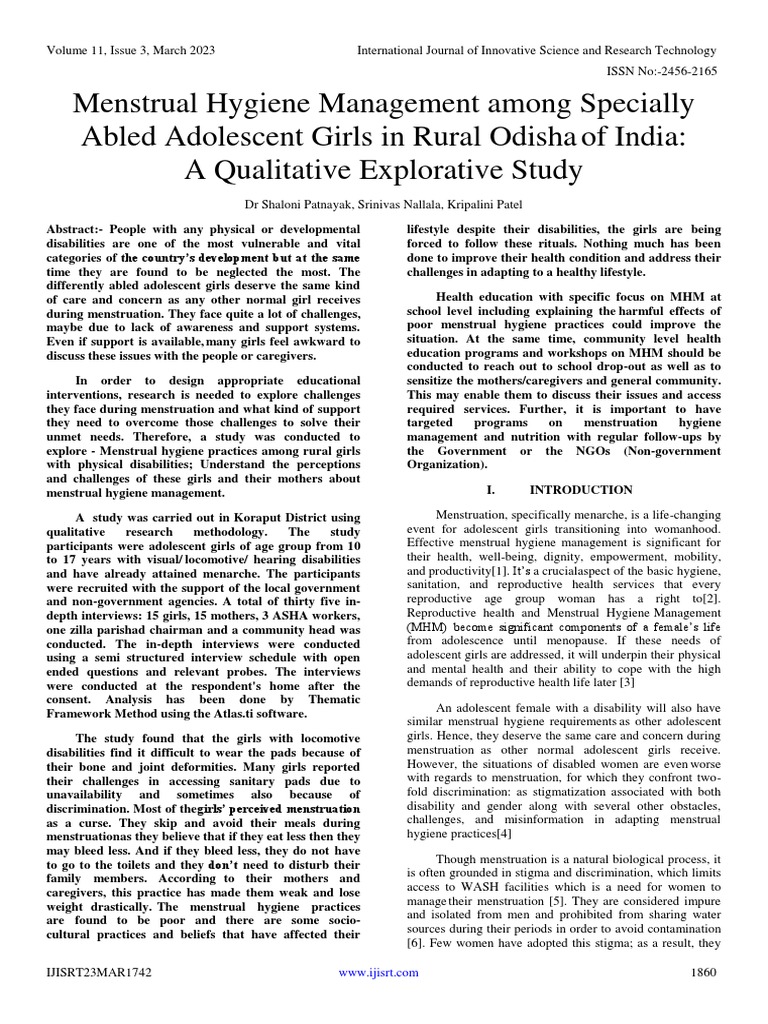 Menstrual Hygiene Management Among Specially Abled Adolescent Girls in Rural Odisha of India A ...