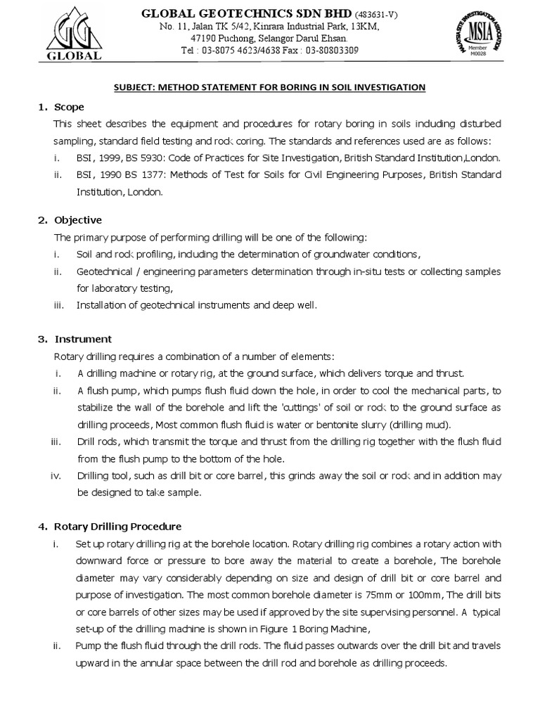 Method Statement For Soil Drilling | PDF | Geotechnical Engineering ...