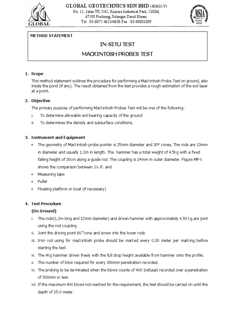 METHOD STATEMENT Machintosh Probe | PDF | Geotechnical Engineering ...